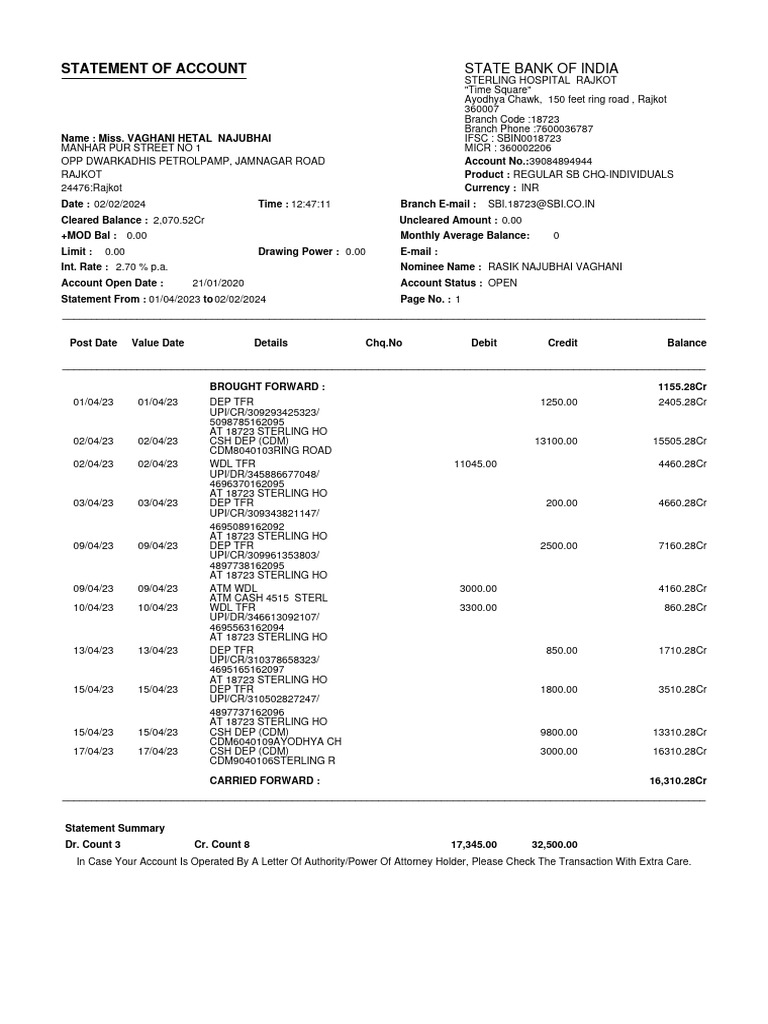 Statement of Account: State Bank of India | PDF | Debit Card | Service ...