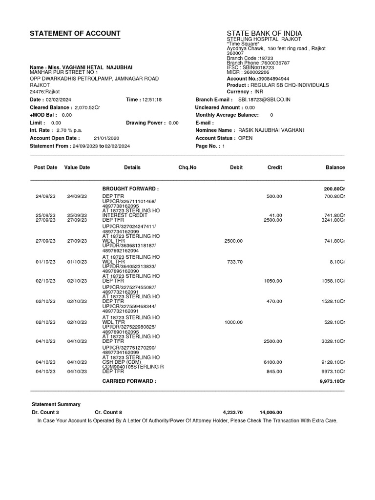 Statement of Account: State Bank of India | PDF | Debits And Credits ...