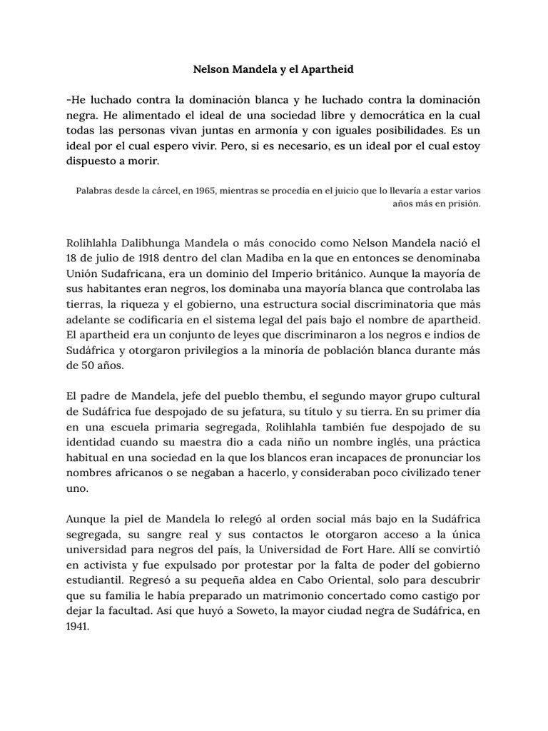 Mandela: Lucha y Fin del Apartheid | PDF | Segregación racial | Nelson ...