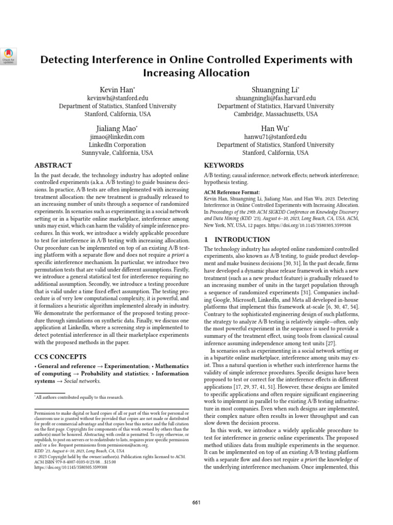 Detecting Interference in Online Controlled Experiments With Increasing Allocation | PDF ...