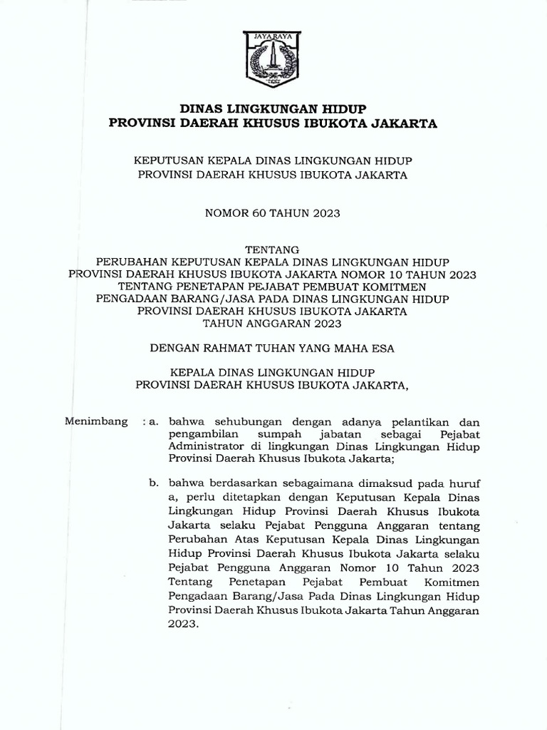 SK Kadis No. 60 Tahun 2023 TTG Perubahan Keputusan Kepala Dinas LH Nomor 10 THN 2023 TTG PPK THN ...