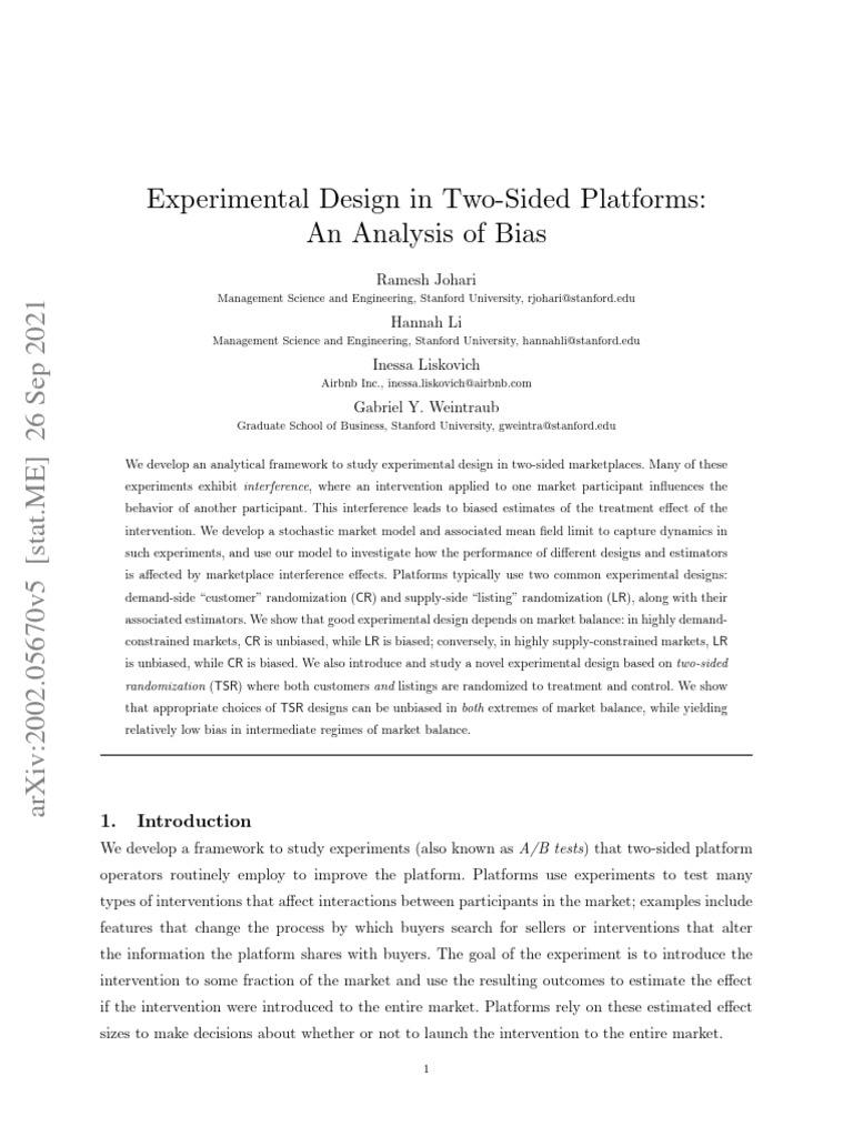 Experimental Design in Two-Sided Platforms: An Analysis of Bias | PDF ...