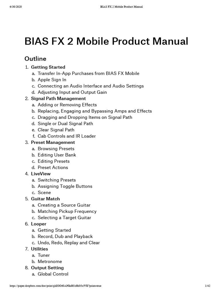 BIAS FX 2 Mobile Product Manual PDF Audio Engineering Sound