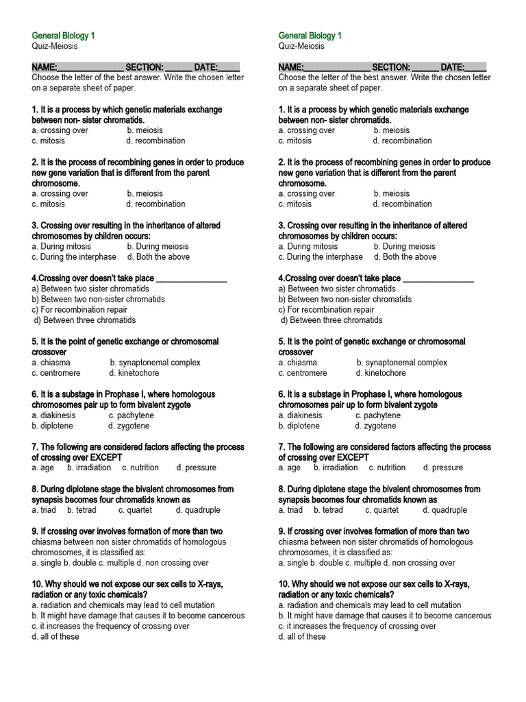 meiosis quiz | PDF | Meiosis | Genetic Recombination