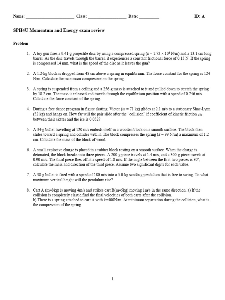 Sph4u Momentum and Energy Exam Review Solutions | PDF | Force | Momentum