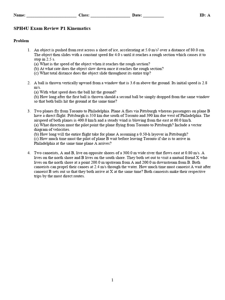 Sph4u Kinematics Exam Review | PDF | Speed | Acceleration