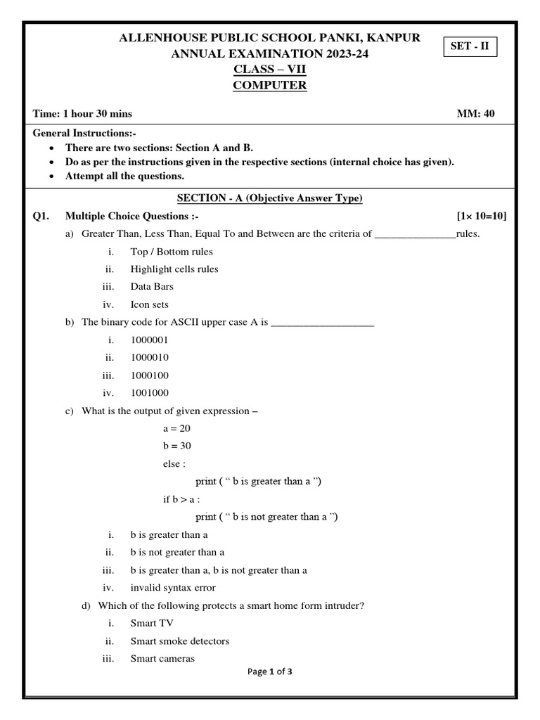Class Vii Computer Annual Set II 2023 24 | PDF | Algorithms | Computing