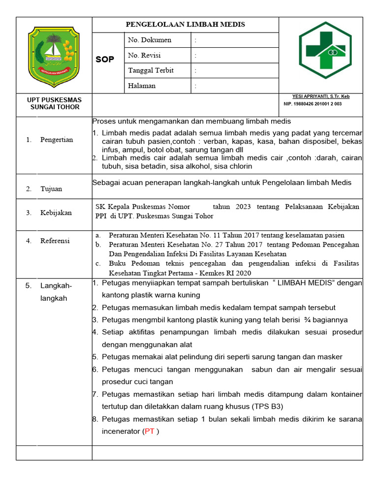Sop Pengelolaan Limbah Medis PKM 3T | PDF | Sains & Matematika