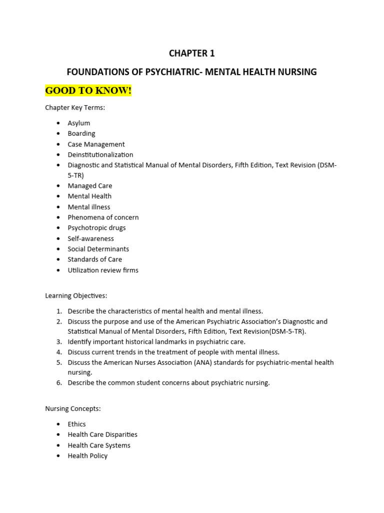 CHAPTER 1 Foundation of Psych Mental Health NSG | PDF | Mental Disorder | Mental Health
