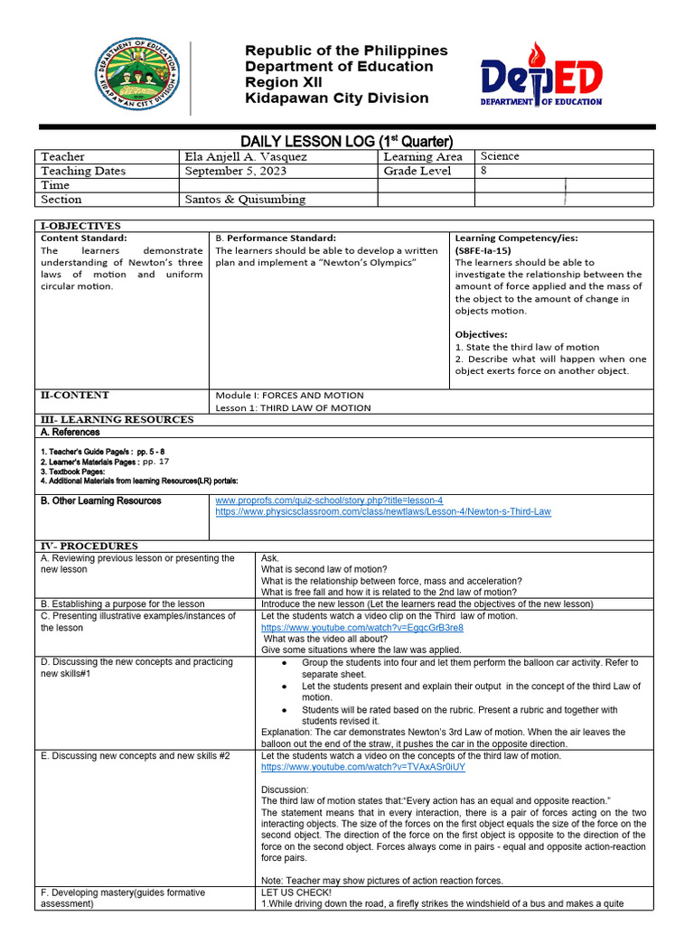 DAILY LESSON LOG GRADE 8 6 | PDF | Force | Newton's Laws Of Motion