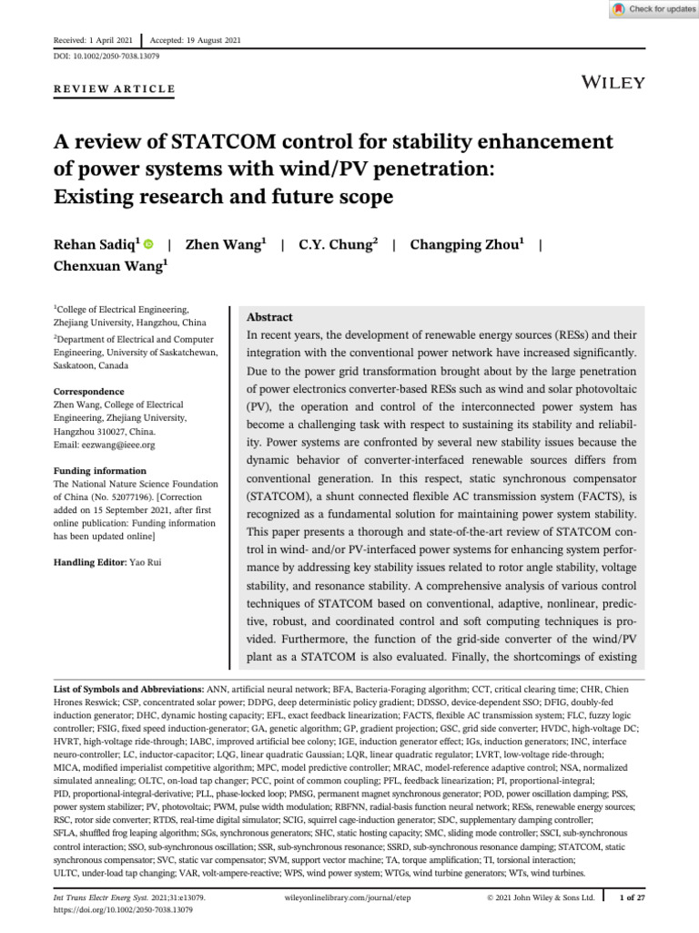 International Transactions on Electrical Energy Systems - 2021 - Sadiq - A review of STATCOM ...