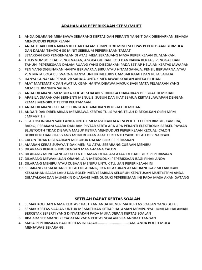 Arahan Am Peperiksaan STPM Muet | PDF