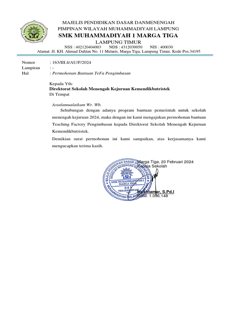 163 Surat Permohonan TeFa Pengimbasan | PDF