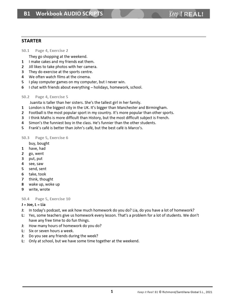 Keep It Real b1 Workbook Audioscripts | PDF | Taste | Foods