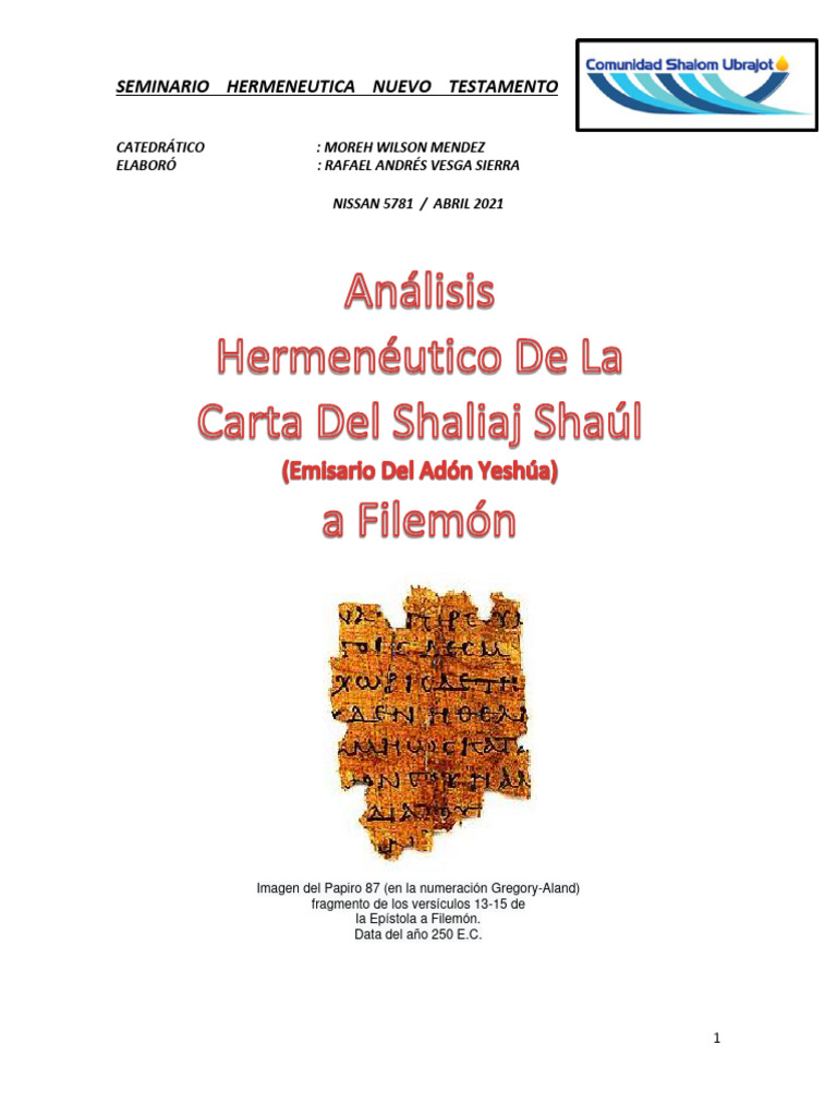 Hermeneutica Filemón | PDF | Epístola a Filemón | Pablo el apóstol