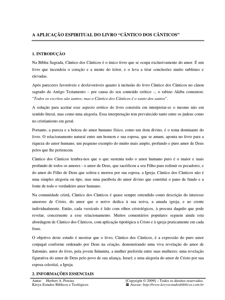 A Aplica o Espiritual Do Livro Cantico Dos C Nticos | PDF | Cântico dos Cânticos (livro) | Amor