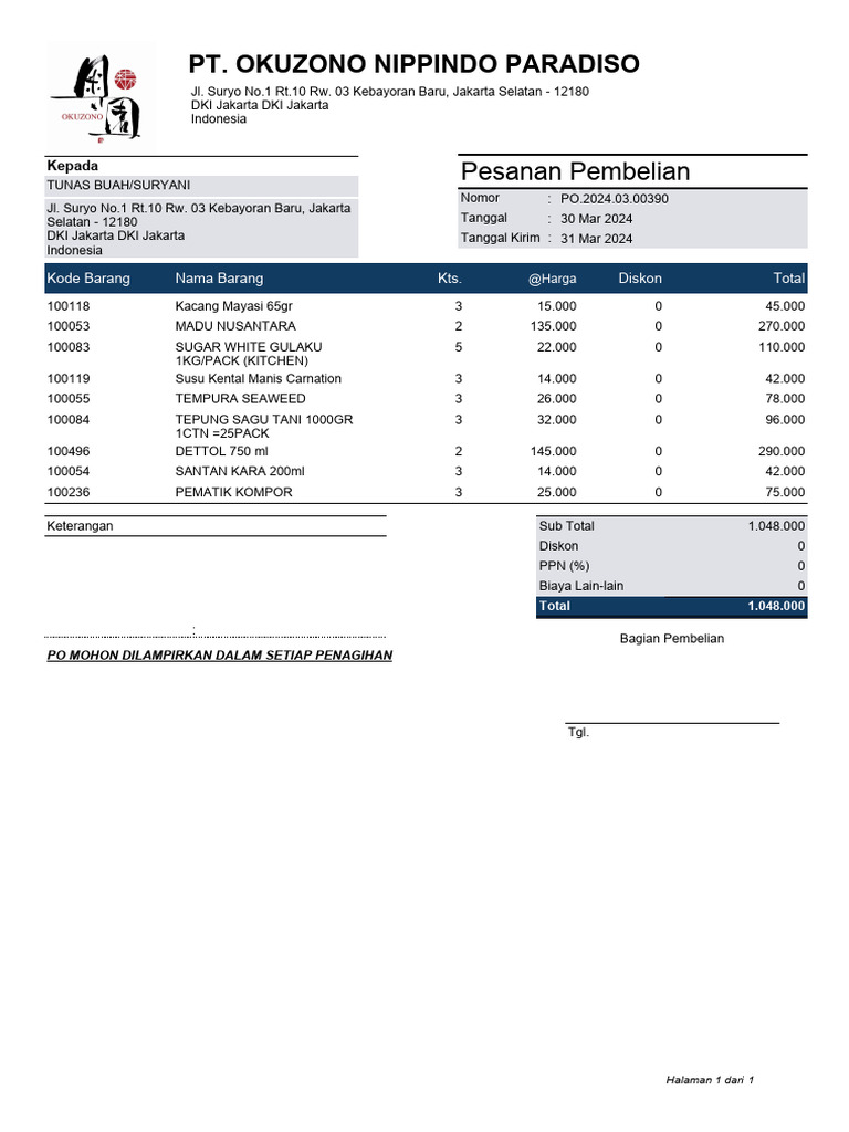 Pesanan Pembelian PT. OKUZONO 2024 | PDF