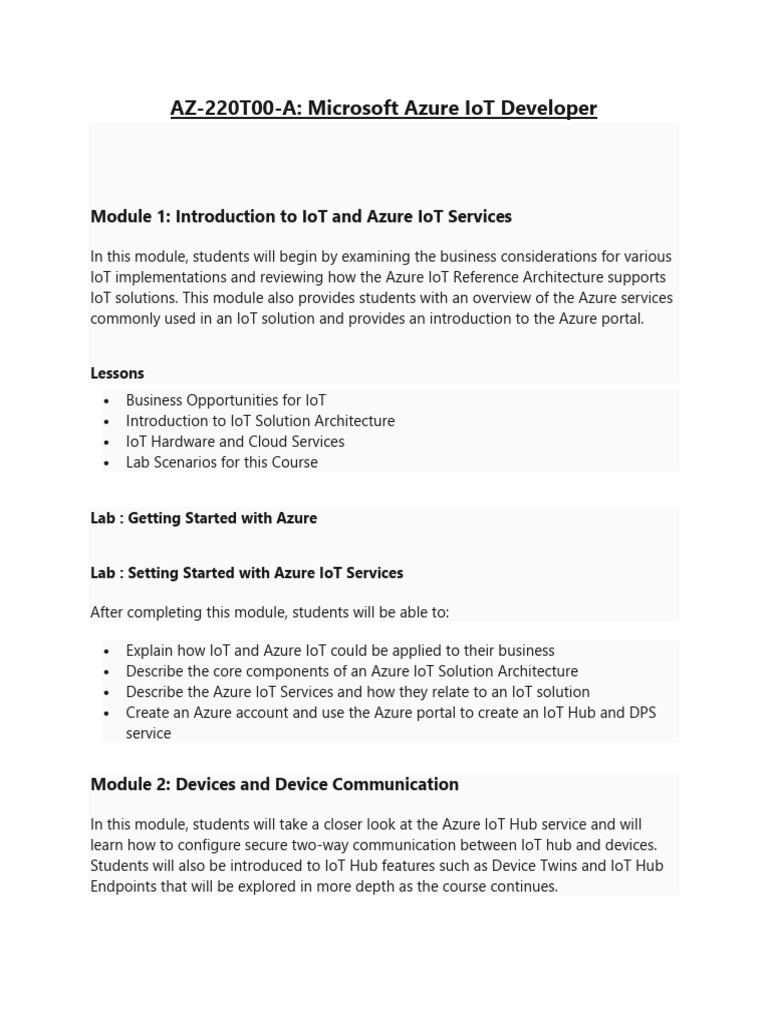 Az-220T00-A: Microsoft Azure Iot Developer: Module 1: Introduction To Iot and Azure Iot Services ...