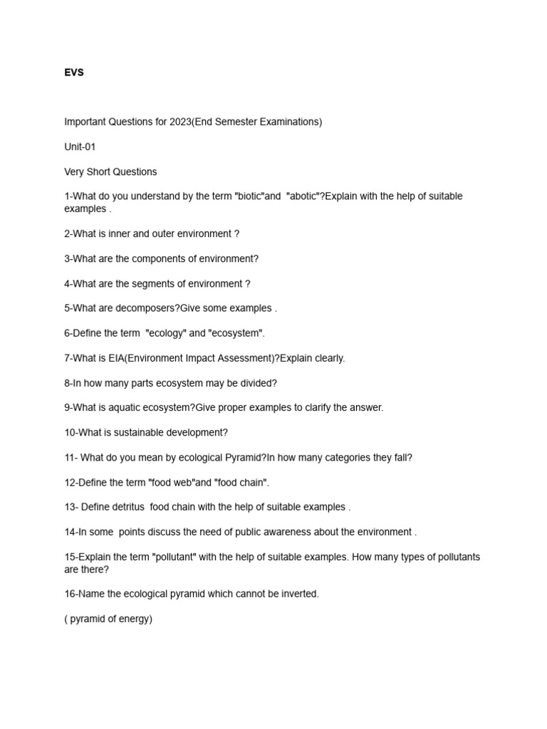 EVS 2023 Exam Key Questions | PDF | Ecosystem | Climate Change