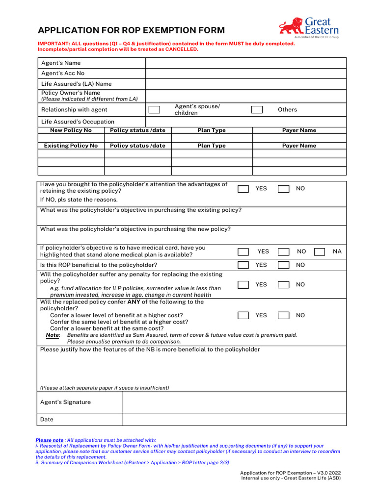Application For ROP Exemption Form (V3.0 2022) | PDF | Insurance | Policy
