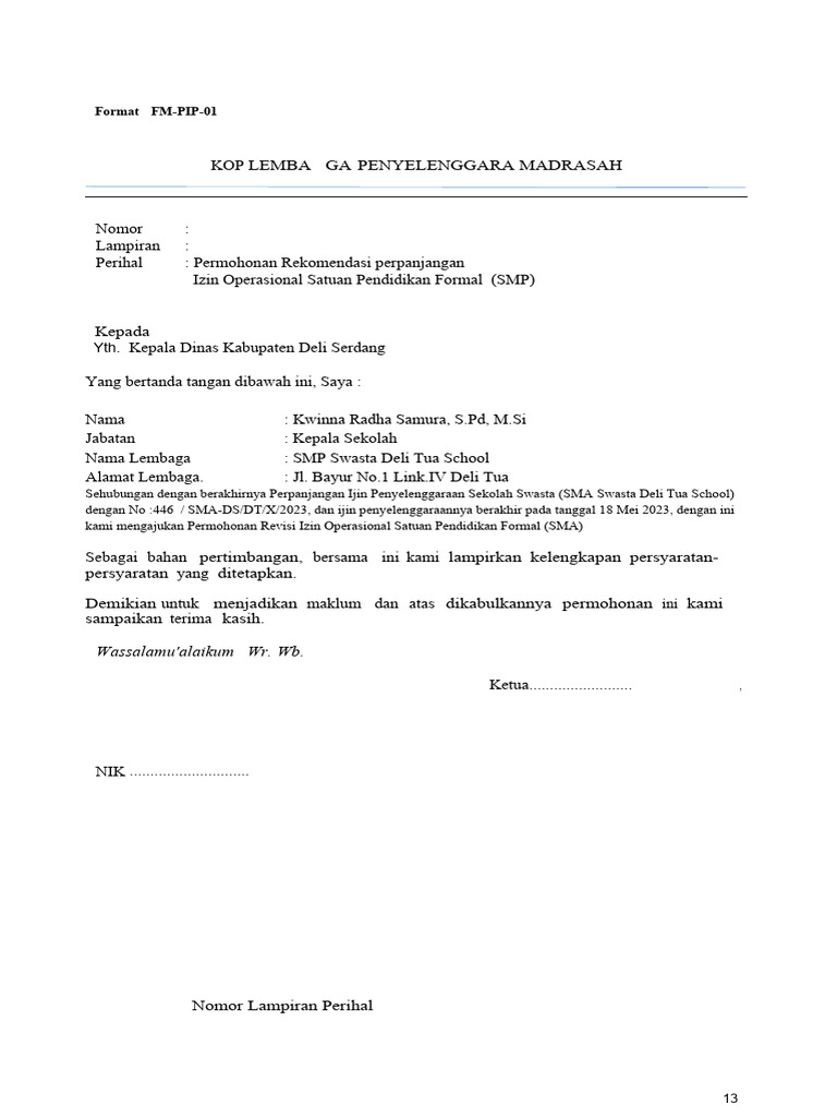 Lampiran Surat Permohonan Perpanjangan Izin Operasional Pdf