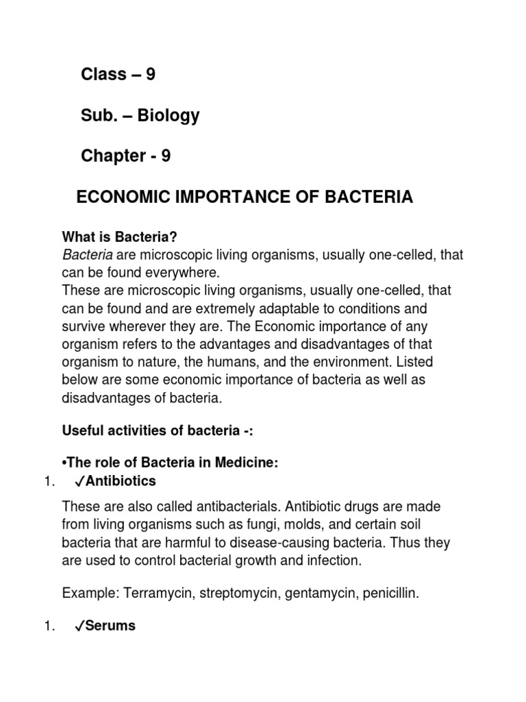Class - 9 Sub. - Biology Chapter - 9 Economic Importance of Bacteria ...