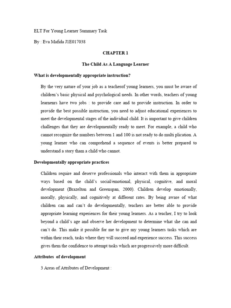 ELT For Young Learner Summary Task | PDF | Learning | Reading Comprehension