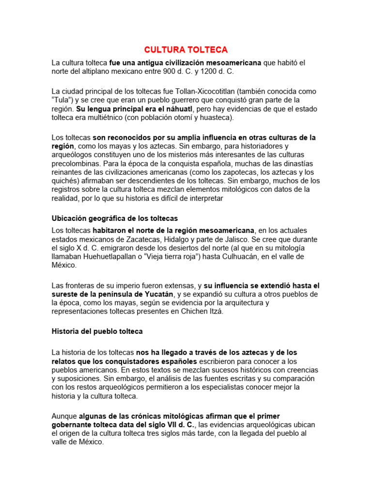 Cultura Tolteca | PDF | Mesoamérica | Era precolombina