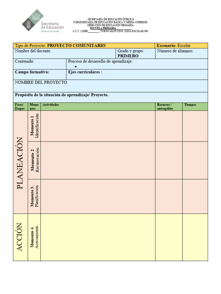 Formato Proyecto Comunitario | PDF | Educación primaria | Aprendizaje