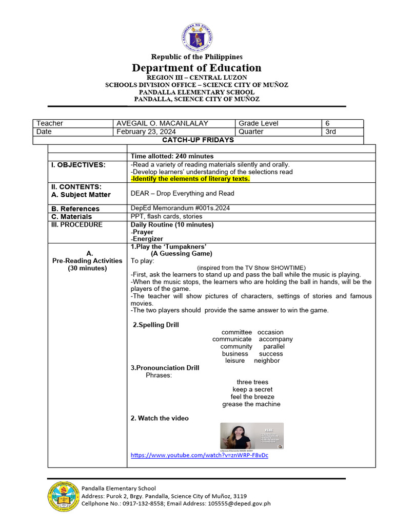 Pandalla Elementary School Lesson Plan | PDF | Science & Mathematics | General Fiction