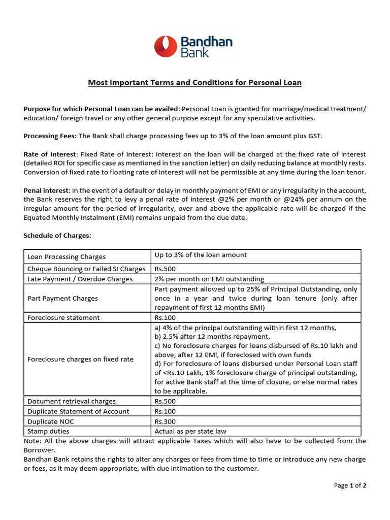 Key Terms for Bandhan Bank Personal Loan | PDF | Foreclosure | Loans