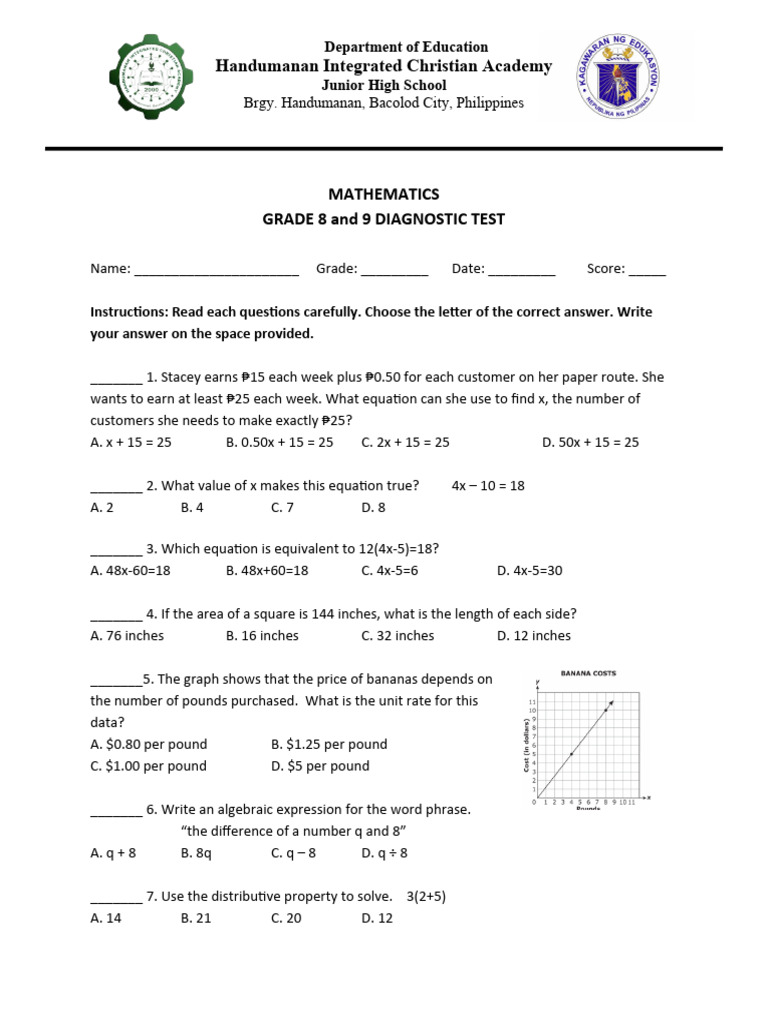 Diagnostic Test in MATH 8 and 9 | PDF | Mathematics | Mathematical Concepts