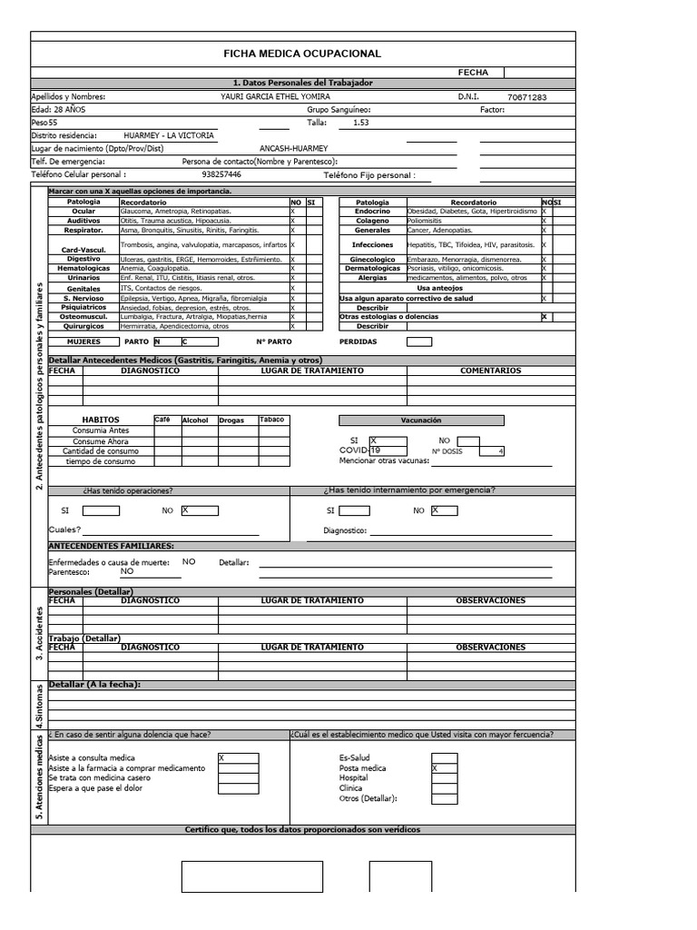 Ficha Médica Ocupacional | PDF | Causas de la muerte | Medicina CLINICA