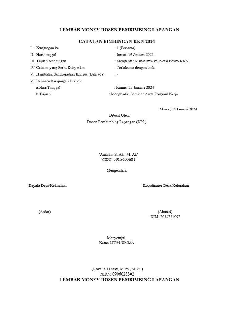 Lembar Monev Dosen Pembimbing Lapangan | PDF