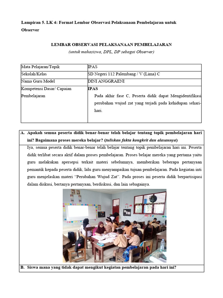 10 Dini Anggraeni - B4-5 Unggah LK 4 - Lembar Observasi Pembelajaran - Siklus 1 | PDF | Karier ...