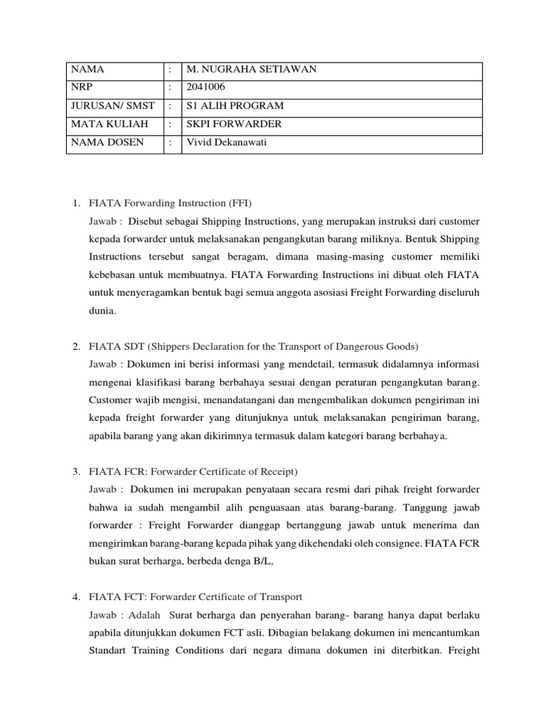 Instruksi Pengangkutan FIATA | PDF
