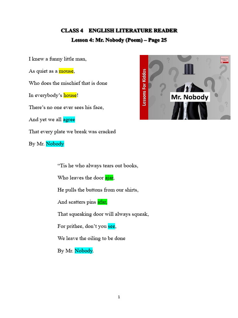 Mr. Nobody Poem Summary and Q&A | PDF