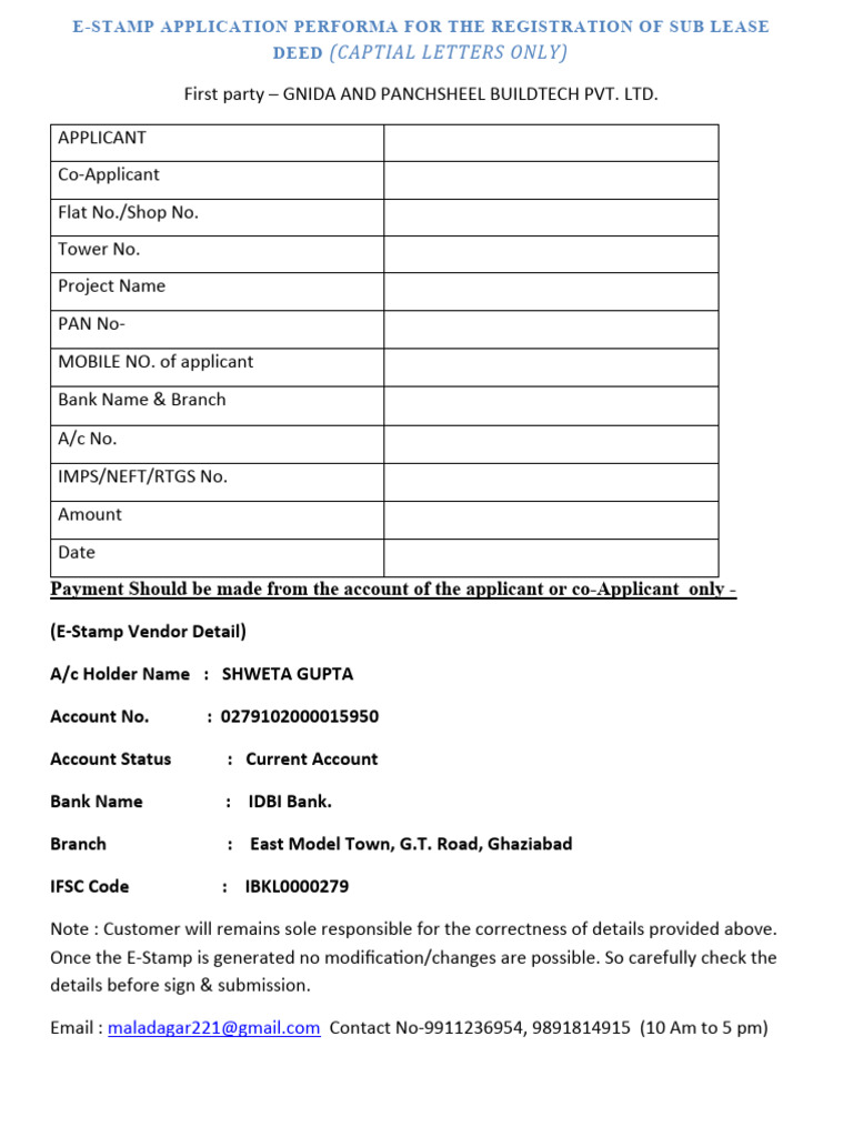 E-Stamp Application for Sub Lease Deed | PDF | Finance & Money Management