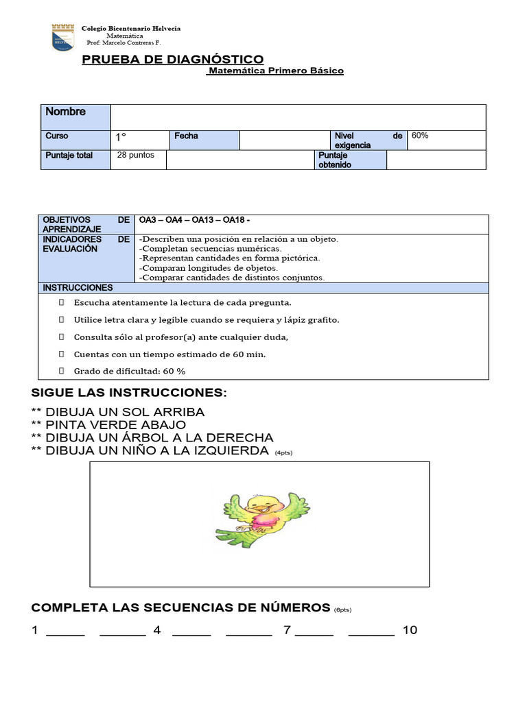 Prueba de Diagnostico Matematica Primero Basico 2 | PDF | Cognición