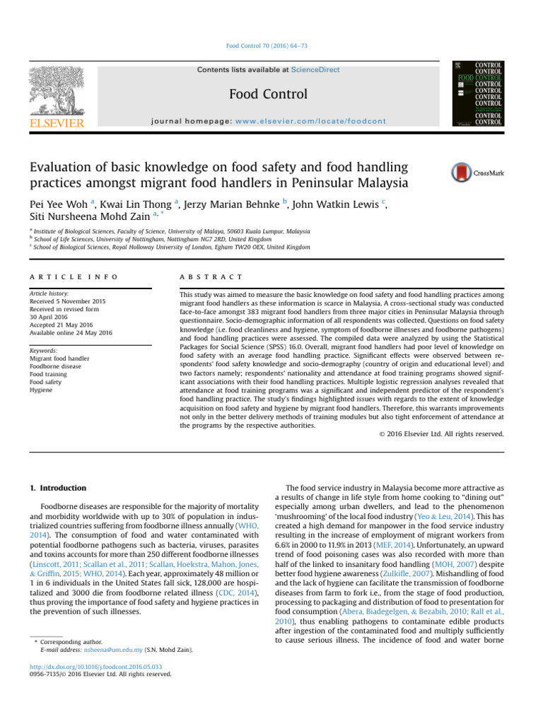 Migrant Food Handlers' Safety Knowledge | PDF | Foodborne Illness ...