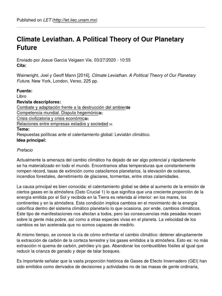 LET - Climate Leviathan. A Political Theory of Our Planetary Future ...