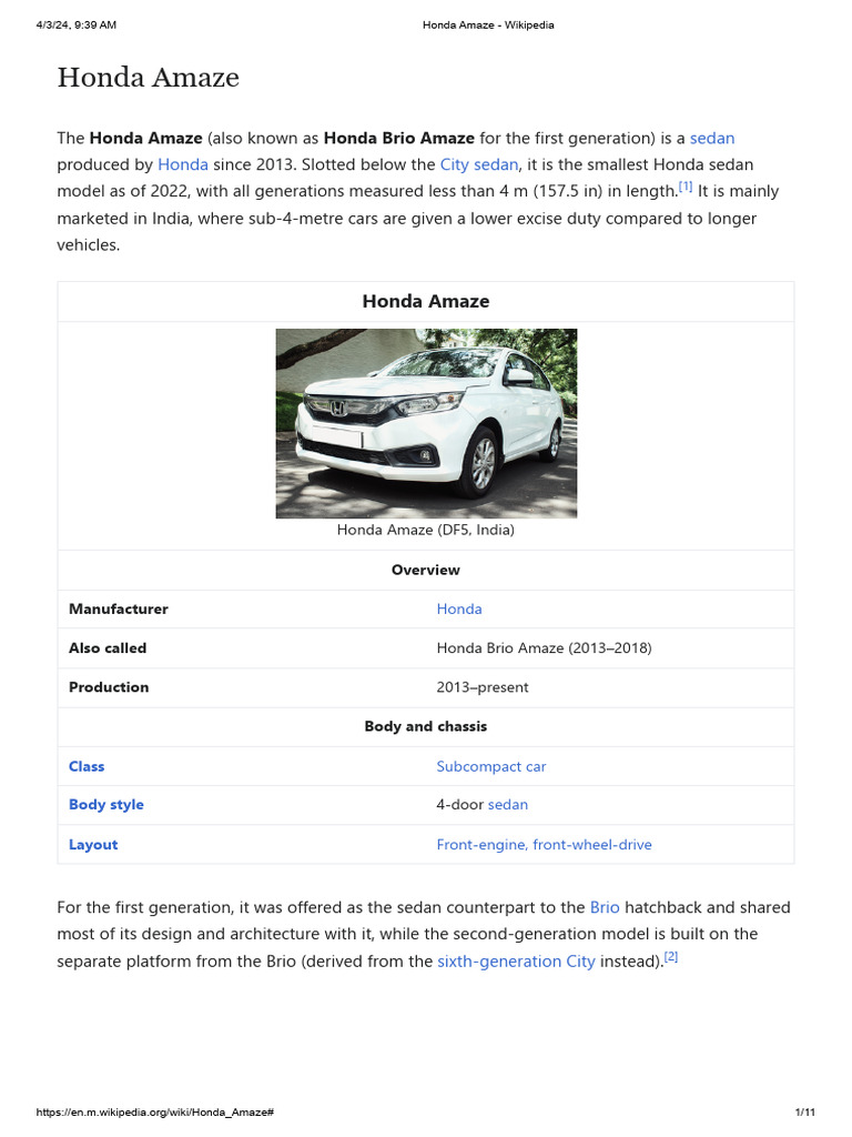 Honda Amaze - Wikipedia | PDF | Car Body Styles | Motor Vehicle