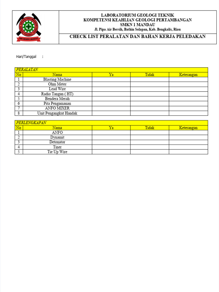 Checklist Peralatan Dan Pelaksanaan Peledakan | PDF