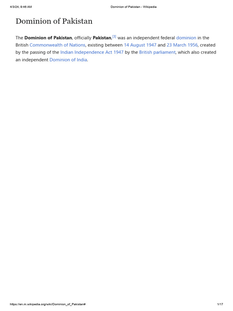 History of Pakistan's Dominion Era | PDF | Pakistan | Government Of ...