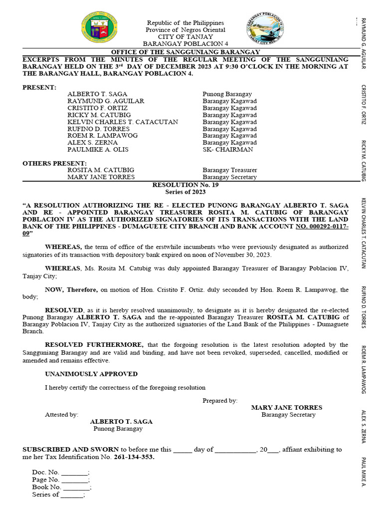 Resolution No. 19 Authorizing PB & Treas For Landbank | PDF