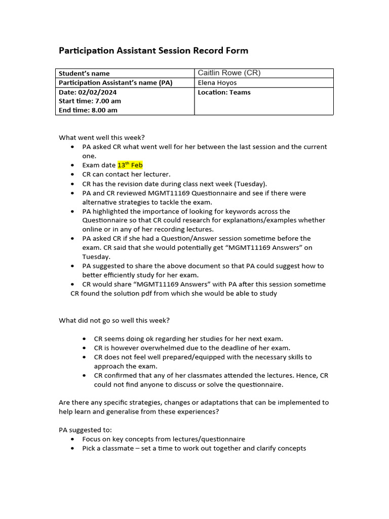 PA Session Record Form 2023 | PDF | Cognition | Learning
