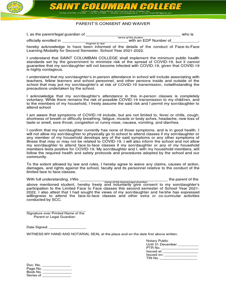 Parents Consent F2F Classes 2022 | PDF | Medical Specialties | Clinical Medicine