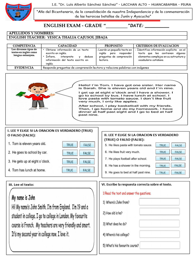 Examen de Recuperación Para 4to y 5to Grado. Hbba 2024 | PDF | Idiomas | Estudios de idiomas ...