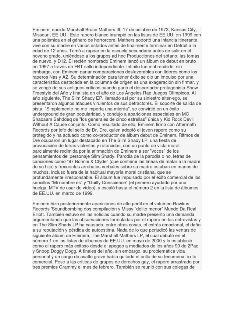 Eminem Biografia en Español | PDF | Hip hop | Entretenimiento (general)