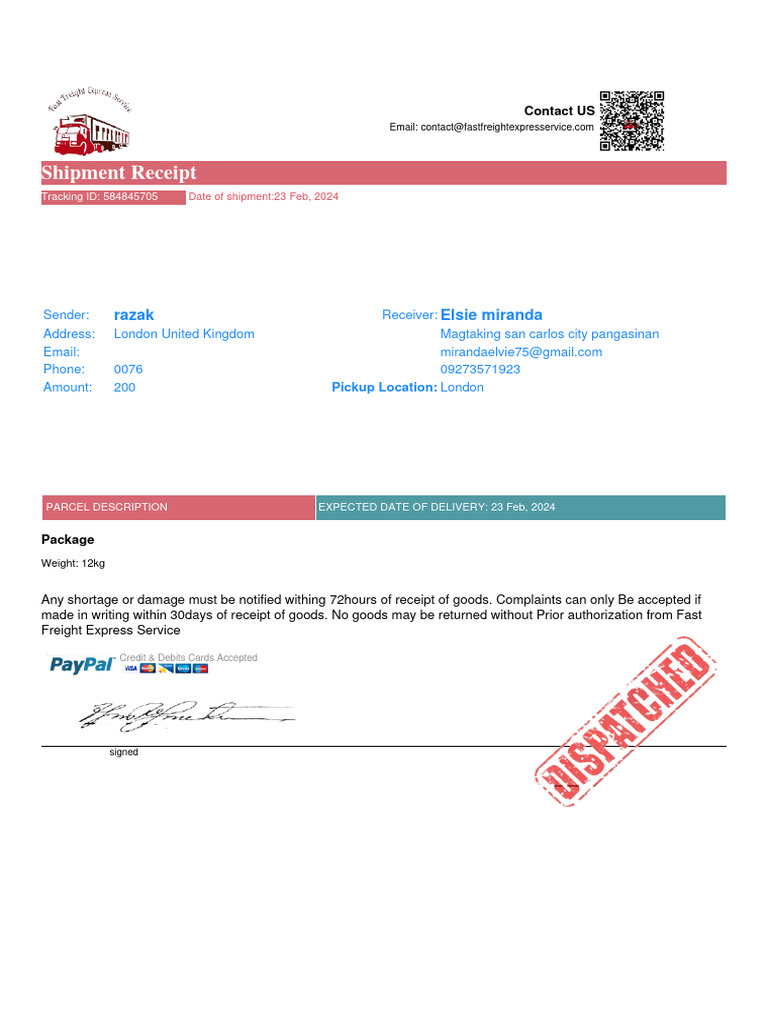 Shipment Receipt | PDF